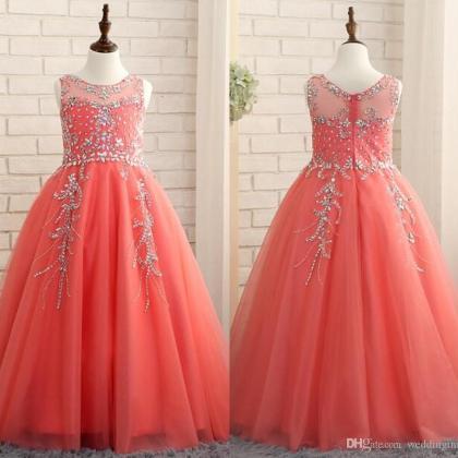 2019 Coral Girls Pageant Dresses Princess Puffy Ball Gown Tulle Jewel ...