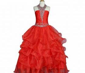 Red Girls Pageant Dresses For Weddings Ball Gown Halter Organza Tiered ...