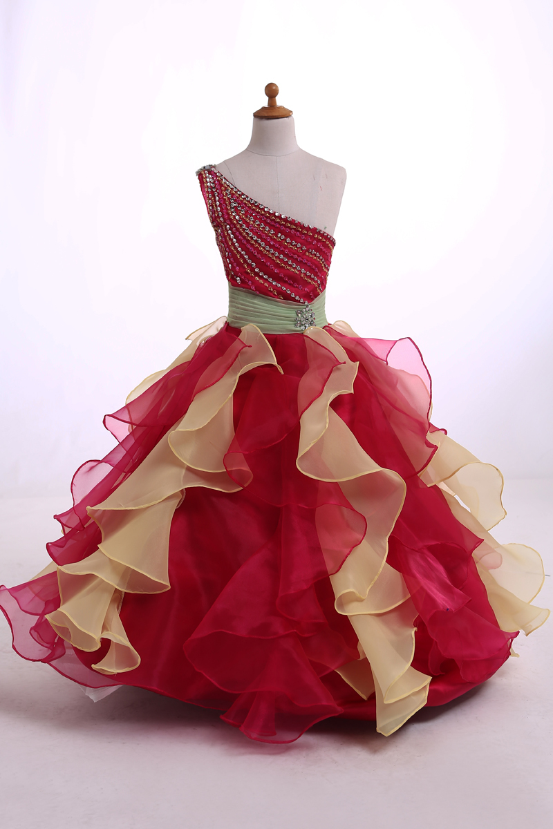One Shoulder Beading Girl Birthday Wedding Party Formal Flower Girls ...