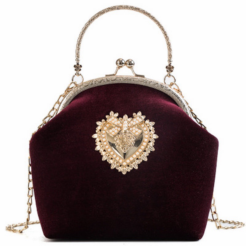 Female Velvet Pearl Handbag Vintage Velour Heart Design Evening Bag ...