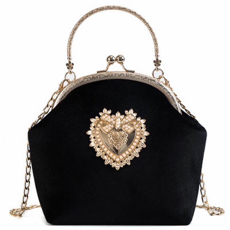 Female Velvet Pearl Handbag Vintage Velour Heart Design Evening Bag ...