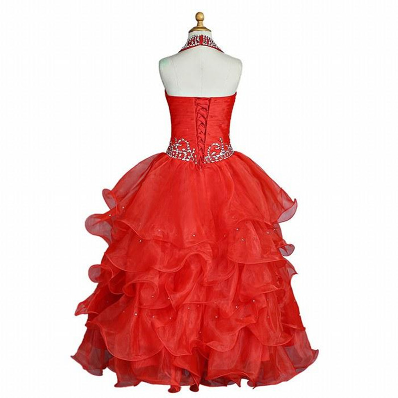 Red Girls Pageant Dresses For Weddings Ball Gown Halter Organza Tiered ...