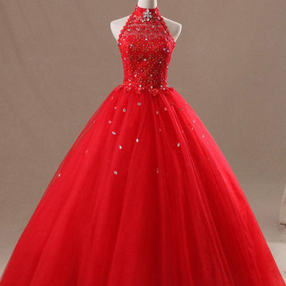 High Neck Halter Red Formal Applique Long Ball Gown Lace Bridal Wedding ...