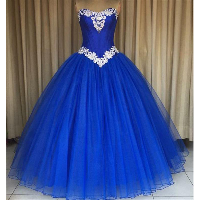 Royal Blue Prom Dress Formal Gowns Strapless Applique Tulle Ball Gown ...