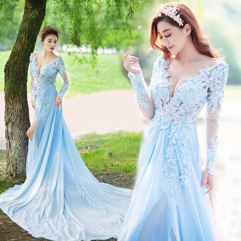 Light Blue Long Sleeve Lace Wedding Evening Dresses Prom Party Gown ...
