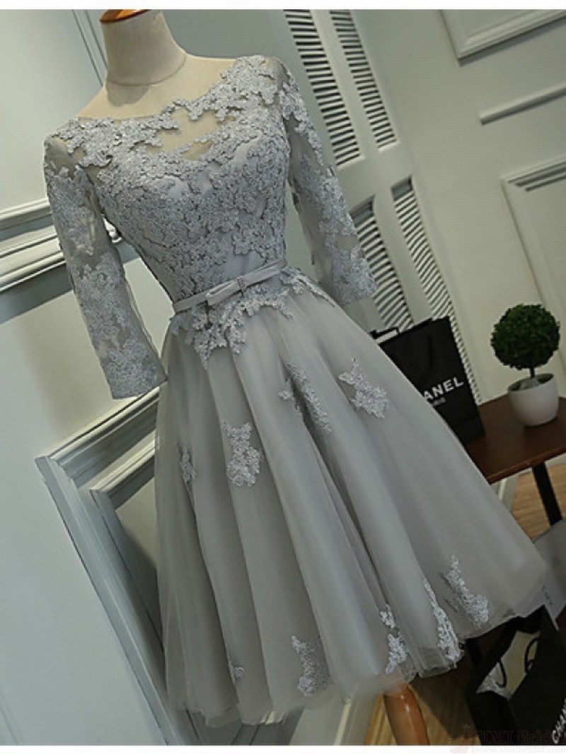 Light Grey Tulle Homecoming Dresses Lace Appliques Women Party Dresses ...