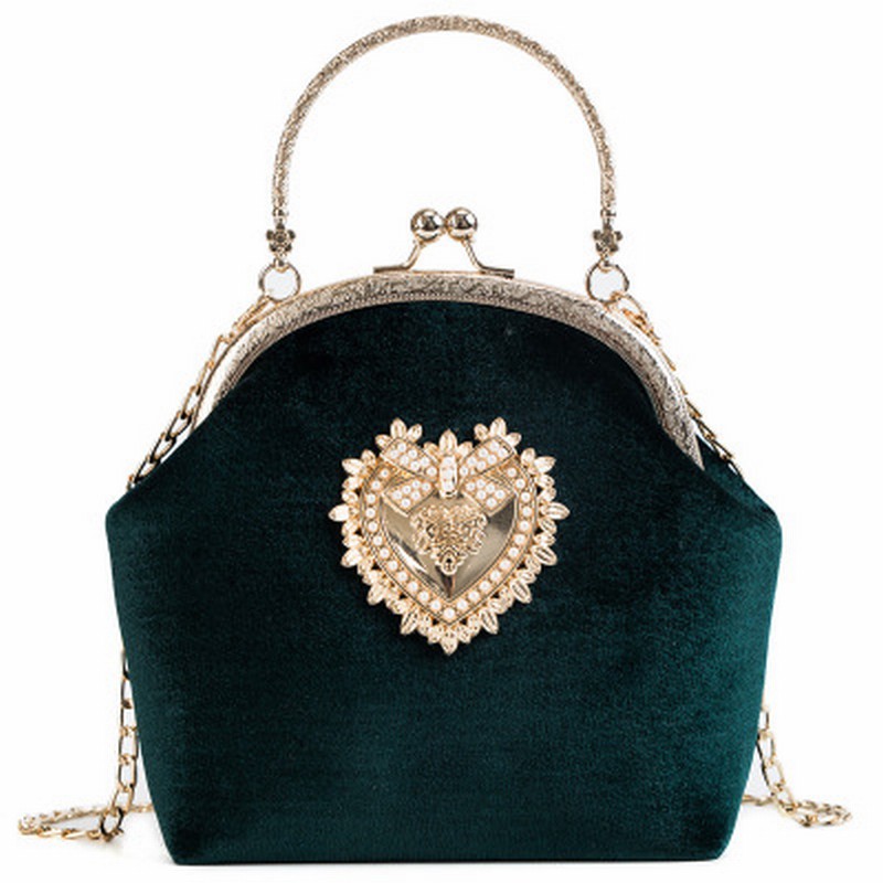 Female Velvet Pearl Handbag Vintage Velour Heart Design Evening Bag ...